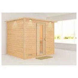 Sauna Karibu "Soraja", beige (naturbelassen), ohne Ofen, (ohne Ofen), Saunen, ohne Ofen