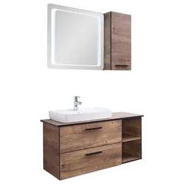 Badm&ouml;bel-Set SAPHIR "Quickset 374 3-teilig, Keramik-Aufsatzbecken mit LED-Spiegel", braun (eiche ribbeck quer nachbildung), B:103cm H:200cm T:44,5cm, Holzwerkstoff, Kastenm&ouml;bel-Sets, Badm&ouml;bel-Set, 103 cm breit, 1 T&uuml;r, 2 Schubladen, 2 offene F&auml;cher, inkl. T&uuml;rd&auml;mpfer