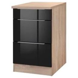 Unterschrank KOCHSTATION "KS-Brindisi", schwarz (schwarz hochglanz, eichefarben), B:50cm H:85cm T:60cm, Holzwerkstoff, MDF, Schr&auml;nke, Unterschrank, 50 cm breit, inklusive 2 gro&szlig;er Ausz&uuml;ge