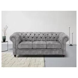 Chesterfield-Sofa Home Affaire "Chesterfield 3-Sitzer B/T/H: 198/89/74 cm", grau (hellgrau), B:198cm H:74cm T:89cm, Luxus-Microfaser Lederoptik (100% Polyester), Sofas, mit hochwertiger Knopfheftung, auch in Leder