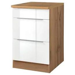 Unterschrank KOCHSTATION "KS-Brindisi", wei&szlig; (wei&szlig; hochglanz, wotaneichefarbe), B:50cm H:85cm T:60cm, Holzwerkstoff, MDF, Schr&auml;nke, Unterschrank, 50 cm breit, inklusive 2 gro&szlig;er Ausz&uuml;ge
