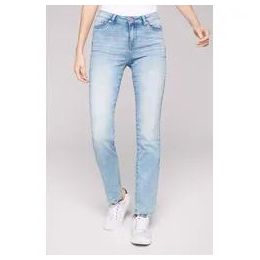 Regular-fit-Jeans SOCCX, Damen, Gr. 33, L&auml;nge 30, blau, Sweatware, Material: 68% Baumwolle, 16% Polyester, 14% Lyocell, 2% Elasthan, Zusatz: Enth&auml;lt nichttextile Teile tierischen Ursprungs (Badge), Abriebeffekte, regular fit, Jeans, mit Bleaching-Effekten