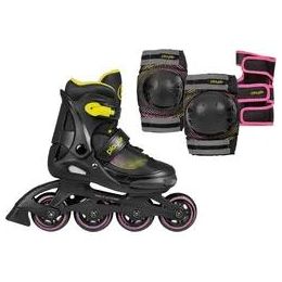 Inlineskates Playlife "Playlife Joker" Gr. 31,5, bunt (gelb, pink, schwarz), Inlineskates_Rollschuhe, Kinder, 31,5/34 (bis 50 kg), Kunstfaser, mit Schutz Set bestehend aus Knie-, Ellenbogen-, Handgelenksch&uuml;tzern