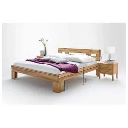 Massivholzbett Home Affaire "Modesty I Bett mit robustem Fu&szlig;gestell in Winkelform", beige (naturfarben), B:166cm L:215cm, Betten, Massivholzbett, aus massiver Kernbuche, FSC-zertifiziert, viele Breiten zur Auswahl