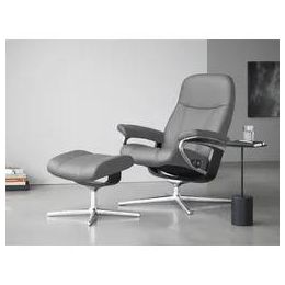 Relaxsessel stressless "Consul", grau (wild dove batick), B:82cm H:102cm T:72cm, Leder BATICK: BATICK ist ein leicht korrigiertes, durchgef&auml;rbtes und genarbtes M&ouml;belleder, bei dem die meisten Unebenheiten und Spuren in der Regel entfernt wurden., Sessel, Relaxsessel, mit Hocker, mit Cross Base, Gr&ouml;&szlig;e S, M & L, Holzakzent Schwarz