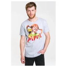 T-Shirt logoshirt "Pippi Langstrumpf - &Auml;ffchen Herr Nilsson", Herren, Gr. 5XL, grau, 95% Baumwolle, 5% Viskose, bedruckt, normal, Rundhals, Shirts T-Shirt, mit coolem Frontprint