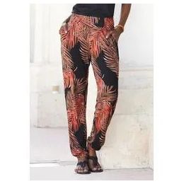 Strandhose Lascana, Damen, Gr. 42, N-Gr, braun (braun, orange), Jersey, Obermaterial: 100% Viskose, bedruckt, figurumspielend lang, Hosen Strandhose, mit Palmenbl&auml;tterdruck und Taschen, leichte und elastische Jerseyhose