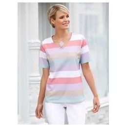 T-Shirt Classic Basics "Shirt", Damen, Gr. 42, bunt (flieder, flamingo, gestreift), 100% Baumwolle, gemustert, gestreift, mehrfarbig, V-Ausschnitt, Shirts T-Shirt