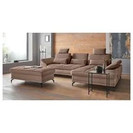 Ecksofa OTTO HOME "Costello L-Form, B: 301 cm mit Sitztiefen-, Armteilverstellung &", braun (hellbraun), B:301cm H:89cm T:176cm, 100% Polyester;Samtoptik (100% Polyester), Sofas, Ecksofa, 3 Nierenkissen, optional Bettfunktion & Bettkasten