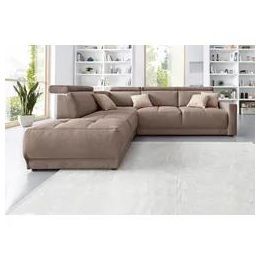 Ecksofa DOMO collection "Ava, moderne Sitzheftung mit toller Doppelnaht, komfortabel, L-Form", beige, B:266cm H:84cm T:99cm, Kunstleder SOFTLUX;Struktur fein (100% Polyester);Zierkissen: Microfaser PRIMABELLE (100% Polyester);Struktur (100% Polyester);Microfaser PRIMABELLE (100% Polyester), Sofas, Ecksofa, mit Ottomane, inkl. Federkern, wahlweise mit Kopfteilverstellungen