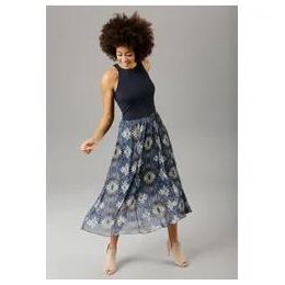 Sommerkleid Aniston SELECTED, Damen, Gr. 36, N-Gr, blau (dunkelblau, braun, blau, beige), Jersey, Obermaterial: 95% Viskose, 5% Elasthan. Futter: 95% Viskose, 5% Elasthan. Rock: 100% Polyester, bedruckt, figurbetont Midi, Rundhals, Kleider Sommerkleid, mit Batik-Druck