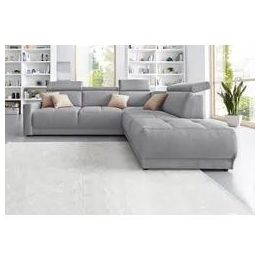Ecksofa DOMO collection "Ava, moderne Sitzheftung mit toller Doppelnaht, komfortabel, L-Form", grau, B:266cm H:84cm T:99cm, Kunstleder SOFTLUX;Struktur fein (100% Polyester);Zierkissen: Microfaser PRIMABELLE (100% Polyester);Struktur (100% Polyester);Microfaser PRIMABELLE (100% Polyester), Sofas, Ecksofa, mit Ottomane, inkl. Federkern, wahlweise mit Kopfteilverstellungen