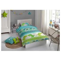 Kinderbettw&auml;sche Good Morning "Dinosaur", blau (gr&uuml;n, multi, blau, grau), B/L: 135cm x 200cm, 1 Stk., 1 Stk., Renforc&eacute;, B/L: 80cm x 80cm, 2 Stk., Renforc&eacute;, Obermaterial: 100% Baumwolle, Bettw&auml;sche, Baumwolle, 135x200, Rei&szlig;verschluss, Wendeoptik, Kind, Junge, Dino Gr&uuml;n