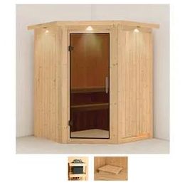 Sauna Karibu "Nanna", beige (naturbelassen), ohne Ofen, (ohne Ofen), Saunen, ohne Ofen