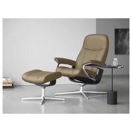 Relaxsessel stressless "Consul", braun (almond paloma), B:78cm H:97cm T:70cm, Leder PALOMA: PALOMA ist ein durchgef&auml;rbtes Semianilin-M&ouml;belleder mit nat&uuml;rlicher Narbung., Sessel, Relaxsessel, mit Hocker, mit Cross Base, Gr&ouml;&szlig;e S, M & L, Holzakzent Schwarz
