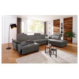 Wohnlandschaft Home Affaire "Mauritius U-Form", grau, B:354cm T:232cm, Struktur fein (100% Polyester);Luxus-Microfaser Lederoptik (100% Polyester);Soft clean (98% Polyester, 2% Polyamid), Sofas, Wohnlandschaft, mit Kopfteil- und Armlehnverstellung, wahlweise mit Bettfunktion