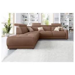Ecksofa DOMO collection "Ava, moderne Sitzheftung mit toller Doppelnaht, komfortabel, L-Form", braun (espresso), B:266cm H:84cm T:99cm, Kunstleder SOFTLUX;Struktur fein (100% Polyester);Zierkissen: Microfaser PRIMABELLE (100% Polyester);Struktur (100% Polyester);Microfaser PRIMABELLE (100% Polyester), Sofas, Ecksofa, mit Ottomane, inkl. Federkern, wahlweise mit Kopfteilverstellungen