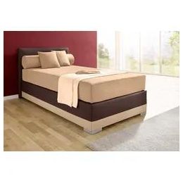 Boxspringbett Maintal "Lago", braun (cappucinofarben, braun), B:127cm L:210cm, Bezug Kopteil und seitliche Unterbox wahlweise Microvelours aus 100% Polyester oder Kunstleder;DIe Obermatratze ist bei beiden Bezugsqualit&auml;ten mit Microfaser (100% Polyester) bezogen, Unterseite 100% Baumwolle;Das Kopfteil ist bei Microvelours an den Ecken abgerundet, bei Kunstleder gerade;Bezug der Oberseite aus strap