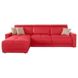 Ecksofa DOMO collection "Ava mit moderner Sitzheftung & toller Doppelnaht, komfortabel, L-Form", rot, B:262cm H:84cm T:167cm, Kunstleder SOFTLUX;Struktur fein (100% Polyester);Zierkissen: Microfaser PRIMABELLE (100% Polyester);Struktur (100% Polyester);Microfaser PRIMABELLE (100% Polyester), Sofas, Ecksofa, mit Recamiere, inkl. Federkern, wahlweise mit Kopfteilverstellungen