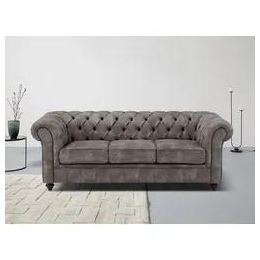 Chesterfield-Sofa Home Affaire "Chesterfield 3-Sitzer B/T/H: 198/89/74 cm", braun (dunkelbraun), B:198cm H:74cm T:89cm, Luxus-Microfaser Lederoptik (100% Polyester), Sofas, mit hochwertiger Knopfheftung, auch in Leder