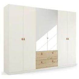 Dreht&uuml;renschrank Rauch "Kleiderschrank Schrank Garderobe Ankleide HOMEY BY QUADRA SPIN", wei&szlig; (alpinwei&szlig;, eiche artisan), B:271cm H:210cm T:54cm, Holzwerkstoff, Schr&auml;nke, Dreht&uuml;renschrank, mit cognacbraunen Ledergrifflaschen, Schubladen in Eichen-Dekor