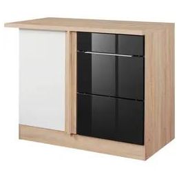 Eckunterschrank KOCHSTATION "KS-Brindisi", schwarz (schwarz hochglanz, eichefarben), B:110cm H:85cm T:60cm, Holzwerkstoff, MDF, Schr&auml;nke, Eckunterschrank, praktischer Stauraum in der Ecke