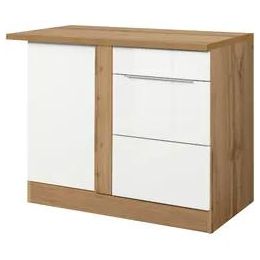Eckunterschrank KOCHSTATION "KS-Brindisi", wei&szlig; (wei&szlig; hochglanz, wotaneichefarbe), B:110cm H:85cm T:60cm, Holzwerkstoff, MDF, Schr&auml;nke, Eckunterschrank, praktischer Stauraum in der Ecke