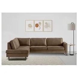 Ecksofa Home Affaire "Pinto, 290 cm, Cord, Chenille, Lederoptik, Ottomane links / rechts", braun, B:290cm H:85cm T:217cm, Luxus-Microfaser in Lederoptik (100% Polyester);Cord (92% Polyester, 8% Polyamide), Sofas, Ecksofa, mit Keder, schwarze Metallf&uuml;&szlig;e, Wellenunterfederung