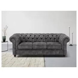 Chesterfield-Sofa Home Affaire "Chesterfield 3-Sitzer B/T/H: 198/89/74 cm", grau (anthrazit), B:198cm H:74cm T:89cm, Luxus-Microfaser Lederoptik (100% Polyester), Sofas, mit hochwertiger Knopfheftung, auch in Leder
