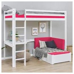 Hochbett Hoppekids "ECO Dream 90x200 mit Schreibtisch & Loungesofa / G&auml;stebett", pink (kiefer, wei&szlig; lackiert, pink), Liegefl&auml;che B/L: 90cm x 200cm, kein H&auml;rtegrad, kein H&auml;rtegrad, Hochbetten, Hochbett, Kinderbett aus Massivholz, Sofa ausziehbar zum G&auml;stebett