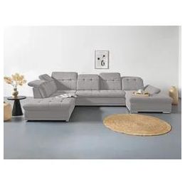 Wohnlandschaft COTTA "Holiday U-Form mit Sitztiefen-, Armteil- und Kopfteilverstellung", grau (stone), B:386cm H:86cm T:265cm, 100% Polyester, Sofas, Wohnlandschaft, wahlweise mit Bettfunktion & Bettkasten