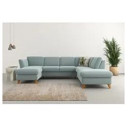 Wohnlandschaft Home Affaire "Trelleborg U-Form", blau (aqua), B:307cm H:86cm T:213cm, 100% Polyester, Sofas, Wohnlandschaft, Federkern-Polsterung, wahlweise mit Bettfunktion und Stauraum