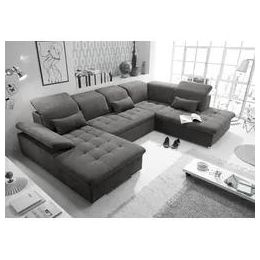 Wohnlandschaft ED EXCITING DESIGN "Wayne U-Form mit Bettfunktion, Bettkasten", grau (stone, uran 09 stone), B:340cm H:104cm T:240cm, 95% Polyester, 5% Nylon, Sofas, Wohnlandschaft, Arm- und Kopfteilverstellung & 3 Nierenkissen