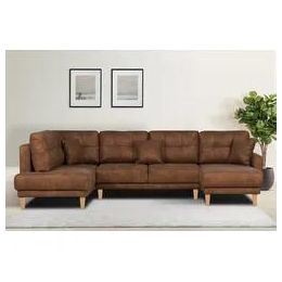 Wohnlandschaft Home Affaire "TRIPLO U-Form wahlweise mit Schlaffunktion, B/T/H: 310/192/90 cm", braun (cognac), B:310cm H:90cm T:192cm, 100% Polyester, Sofas, Wohnlandschaft, Schlafsofa, auch mit Bettkasten, Steppung im R&uuml;ckenkissen
