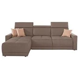 Ecksofa DOMO collection "Ava mit moderner Sitzheftung & toller Doppelnaht, komfortabel, L-Form", beige, B:262cm H:84cm T:167cm, Kunstleder SOFTLUX;Struktur fein (100% Polyester);Zierkissen: Microfaser PRIMABELLE (100% Polyester);Struktur (100% Polyester);Microfaser PRIMABELLE (100% Polyester), Sofas, Ecksofa, mit Recamiere, inkl. Federkern, wahlweise mit Kopfteilverstellungen