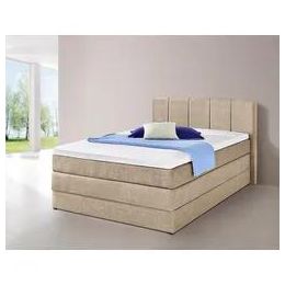 Boxspringbett Hapo, beige, Liegefl&auml;che B/L: 140cm x 200cm, kein H&auml;rtegrad, 7-Zonen-Kaltschaummatratze, Kopfteil, seitliche Unterbox und Obermatratze sind mit pflegeleichtem Feinstrukturstoff in Leinenoptik (100% Polyester) bezogen;Die Oberseite der Unterfederung und die Ober- und Unterseite der Obermatratze sind jeweils mit einem rutschhemmenden Stoff aus 100% Polyester bespannt., Komplettbetten, 