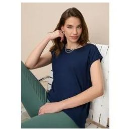 T-Shirt Tamaris, Damen, Gr. 36, blau (marine), Single Jersey, Obermaterial: 95% Viskose, 5% Elasthan, Basic, regular fit h&uuml;ftbedeckend, Rundhals, Aufschlag, Shirts T-Shirt, Regular Fit, mit &uuml;berlappenden Schultern, Kurzarm mit Aufschlag