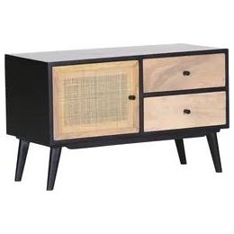 Lowboard GUTMANN FACTORY "Linus", schwarz (natur, schwarz), B:90cm H:55cm T:42cm, Massivholz, Sideboards, Lowboard, Kommode mit Rattangeflecht