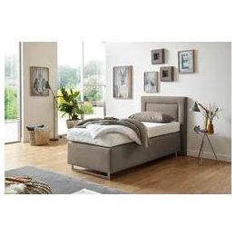 Boxspringbett, beige (feinstrukturstoff dunkelbeige), Liegefl&auml;che B/L: 90cm x 200cm, H2, 7-Zonen-Kaltschaummatratze, Bezug Unterbox und Kopfteil: Feinstrukturstoff (77% Polyester, 23% Viskose);Bezug Obermatratze 100% Polyester, waschbar bis 60C;Bezug Zierkissen Feinstrukturstoff (77% Polyester, 23% Viskose), Westfalia Schlafkomfort, Komplettbetten, Boxspringbett, mit Zierkissen und verchromten Kuf