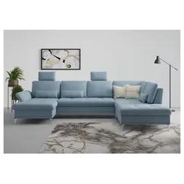 Wohnlandschaft Home Affaire "Palm Beach U-Form", blau (hellblau), B:347cm H:89cm T:224cm, 98%Polyester, 2%Polyamid, Sofas, Wohnlandschaft, Federkern, mit Sitztiefenverstellung, wahlweise mit Bettfunktion