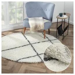 Hochflor-Teppich "My Shaggy Raute", beige (creme, dunkelgrau), B:150cm H:37mm L:150cm &Oslash;:150cm, Polypropylen (PP), MyFlair M&Ouml;BEL & ACCESSOIRES, Teppiche, Shaggy, Scandi Rauten Design, leicht gl&auml;nzend, extra flauschig