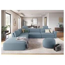 Sit & More Ecksofa SIT & MORE "Cadabra L-Form", blau (hellblau), B:356cm H:80cm T:292cm, Samtoptik (100% Polyester);Soft clean (98% Polyester, 2% Polyamid);Struktur fein (100% Polyester), Sofas, Ecksofa, Breite 356 cm, mit Sitztiefenverstellung