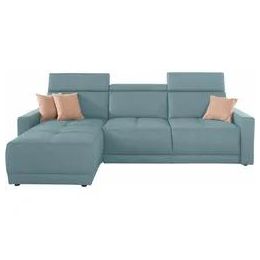 Ecksofa DOMO collection "Ava mit moderner Sitzheftung & toller Doppelnaht, komfortabel, L-Form", blau (aqua), B:262cm H:84cm T:167cm, Kunstleder SOFTLUX;Struktur fein (100% Polyester);Zierkissen: Microfaser PRIMABELLE (100% Polyester);Struktur (100% Polyester);Microfaser PRIMABELLE (100% Polyester), Sofas, Ecksofa, mit Recamiere, inkl. Federkern, wahlweise mit Kopfteilverstellungen