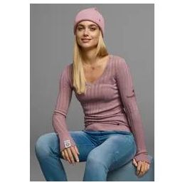 V-Ausschnitt-Pullover Kangaroos, Damen, Gr. 32/34, rosa (altrosa), Rippstrick, Obermaterial: 50% Baumwolle, 50% Polyacryl, unifarben, sehr figurbetont h&uuml;ftlang, V-Ausschnitt, Rippb&uuml;ndchen mit Daumenl&ouml;chern, Pullover Strickpullover Pullover V-Pullover, in breit geripptem Feinstrick