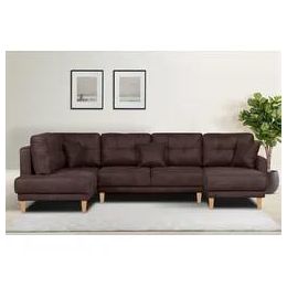 Wohnlandschaft Home Affaire "TRIPLO U-Form wahlweise mit Schlaffunktion, B/T/H: 310/192/90 cm", braun, B:310cm H:90cm T:192cm, 100% Polyester, Sofas, Wohnlandschaft, Schlafsofa, auch mit Bettkasten, Steppung im R&uuml;ckenkissen, Topseller