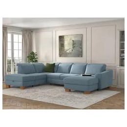 Sit & More Wohnlandschaft SIT & MORE "Dundee U-Form", blau (hellblau), B:338cm H:86cm T:219cm, Sofas, Wohnlandschaft, mit Federkern und Massivholzf&uuml;&szlig;en, wahlweise mit Kopfteilverstellung