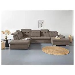 Wohnlandschaft COTTA "Holiday U-Form mit Sitztiefen-, Armteil- und Kopfteilverstellung", grau (taupe), B:386cm H:86cm T:265cm, 90% Polyester, 10% Polyamid, Sofas, Wohnlandschaft, wahlweise mit Bettfunktion & Bettkasten