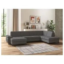 Wohnlandschaft DOMO collection "Capelo, komfortabel, klare Linien zeichnen dieses Design aus, U-Form", grau (dunkelgrau), B:348cm H:84cm T:204cm, 100% Polyester, Sofas, Wohnlandschaft, mit Armteilverstellung, wahlweise mit Bettfunktion, Federkern
