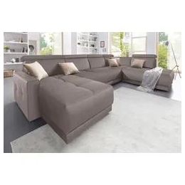 Wohnlandschaft DOMO collection "Ava moderne Sitzheftung mit toller Doppelnaht, komfortabel, U-Form", braun (schlamm), B:351cm H:84cm T:222cm, Zierkissen: Microfaser PRIMABELLE (100% Polyester);Struktur (100% Polyester);Microfaser PRIMABELLE (100% Polyester);Kunstleder SOFTLUX;Struktur fein (100% Polyester), Sofas, Wohnlandschaft, mit Federkern, wahlweise mit Kopfteilverstellungen