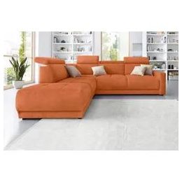 Ecksofa DOMO collection "Ava, moderne Sitzheftung mit toller Doppelnaht, komfortabel, L-Form", orange (terrakotta), B:266cm H:84cm T:99cm, Kunstleder SOFTLUX;Struktur fein (100% Polyester);Zierkissen: Microfaser PRIMABELLE (100% Polyester);Struktur (100% Polyester);Microfaser PRIMABELLE (100% Polyester), Sofas, Ecksofa, mit Ottomane, inkl. Federkern, wahlweise mit Kopfteilverstellungen